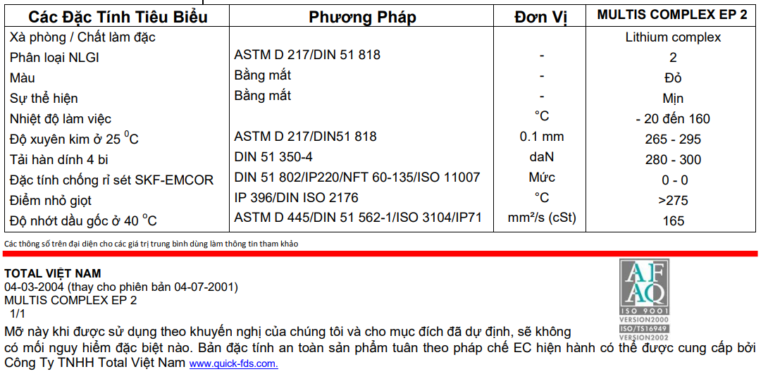 Mỡ Chịu Cực Áp Total Multis Complex EP 2 - Chính Hãng